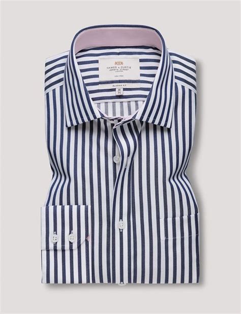 Mens Non Iron Navy And White Bold Stripe Classic Shirt Contrast Detail