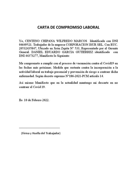 Carta De Compromiso Laboral Pdf