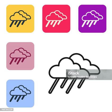 흰색 배경에 격리 된 비 아이콘과 검은 줄 구름 비가 내리는 비 구름 강수량 색상 정사각형 단추로 아이콘을 설정합니다 벡터 0명에 대한 스톡 벡터 아트 및 기타 이미지