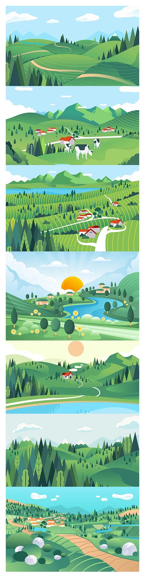 春天自然环境乡村风景扁平插图旅行户外田野森林矢量插画ai 花瓣网