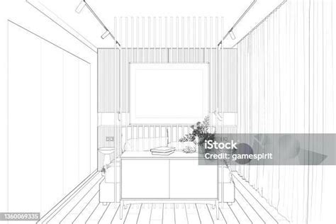 파티션에 수평 포스터가있는 현대적인 침실의 스케치 캐비닛에 꽃병꽃 침대 옆의 침대 옆 테이블 옷장 창문 근처의 커튼 3차원 형태에 대한 스톡 사진 및 기타 이미지 Istock