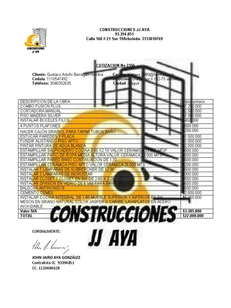 Construcciones Jj Aya Cotizacion Pdf Materiales Ingeniería De Edificación