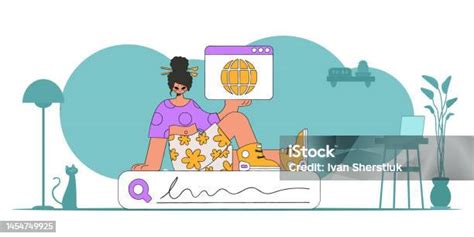 정보 검색의 개념 소녀는 검색 라인에 앉아 브라우저 창을 손에 들고 있습니다 선형 복고풍 스타일 캐릭터 가상현실에 대한 스톡