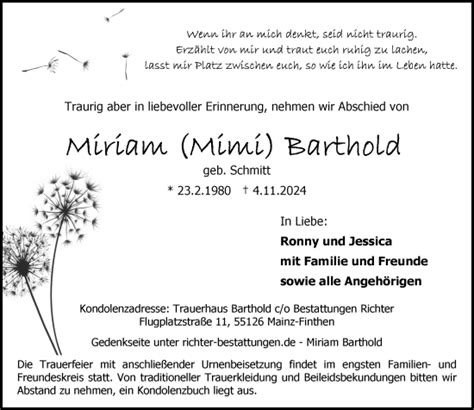 Traueranzeigen Von Miriam Barthold Vrm Trauerde