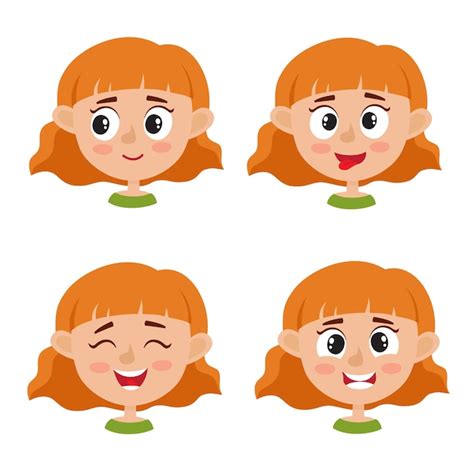 Petite expression de visage heureux fille rousse ensemble de dessin animé isolé sur fond blanc