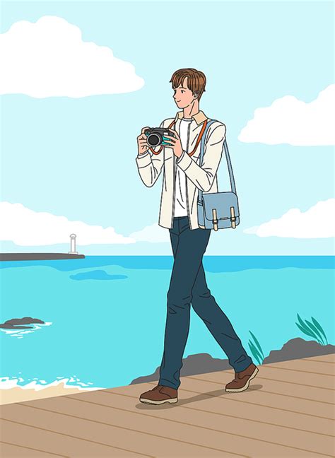 유토이미지 남성 한명이 혼자 여행가서 풍경을 담기위해 카메라로 찍는 장면 벡터 이미지 일러스트
