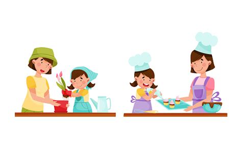 엄마와 딸이 함께 시간을 보내고 있습니다 그들은 꽃과 베이킹 컵 케이크 만화 벡터 일러스트를 심고있다 심기에 대한 스톡 벡터
