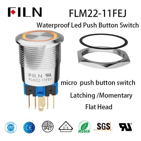 FILN LED PUSH BUTTON SWITCH 22MM 5 Pin 12V 120V 250V High Currnet IP67 Waterproof Illuminated