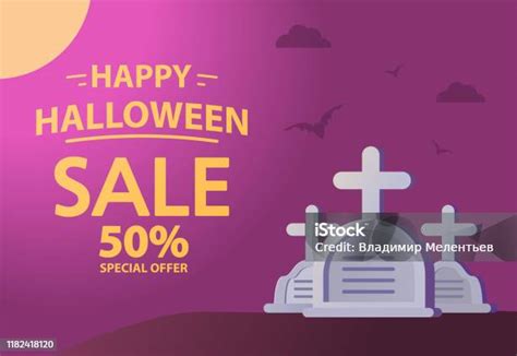 Batu Nisan Halloween Dengan Spanduk Liburan Salib Ilustrasi Stok