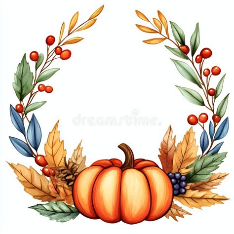 Watercolor Illustration Of A Fall Wreath With A Pumpkin Stock