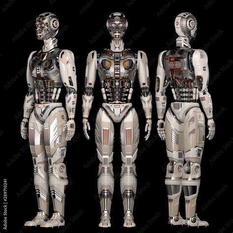 Futuristic Robot Man Or Very Detailed Cyborg Standing Full Body Collage Or Set Of Three
