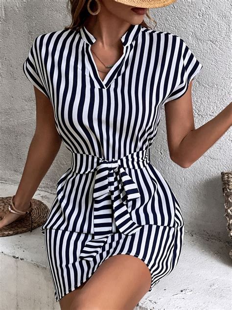 Vertical Striped Notched Neck Batwing Sleeve Belted Dress Dress For