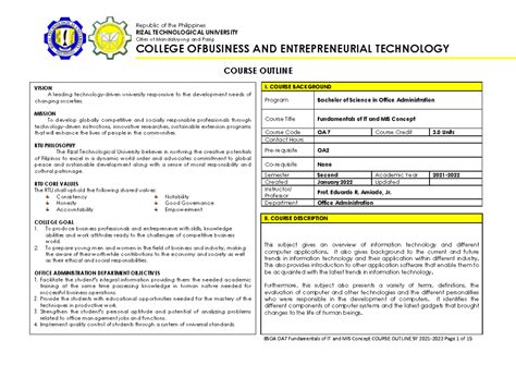 Bsoa Oa7 Fundamentals Of It And Mis Concept Course Outline Sy 2021 2022