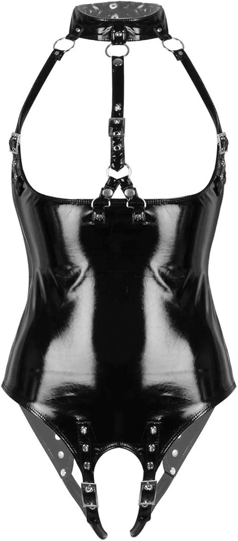 Yuumin Damen Wetlook Leder Bodysuit Sexy Öffnung Lack Latex Ouvert