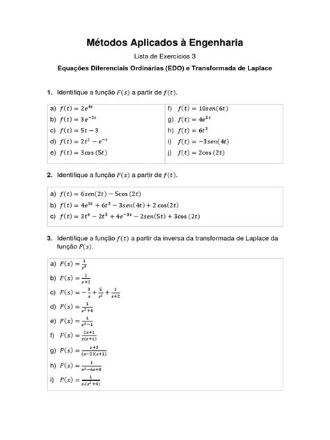 3 Lista De Exercícios 3 Equações Diferenciais Ordinárias Edo E