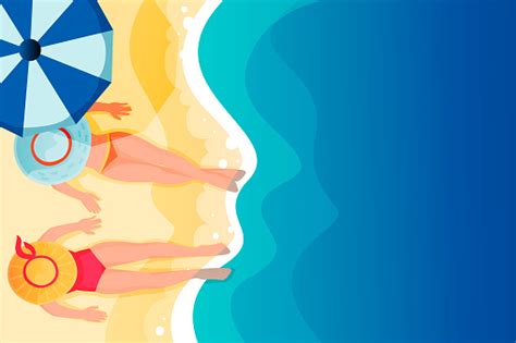 모래 위에 앉아 해변에서 휴식을 취하고 일광욕을 하는 두 명의 청녀 벡터 플랫 만화 상단 보기 일러스트레이션 2명에 대한 스톡 벡터 아트 및 기타 이미지 Istock