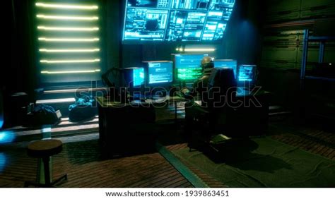 Male Hacker Surrounded By Glowing Monitors Stock Illustration 1939863451 Shutterstock