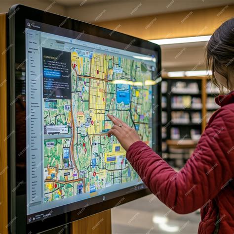 A Person Accessing An Interactive Library Map And Catalog On A Touchscreen Display Premium Ai