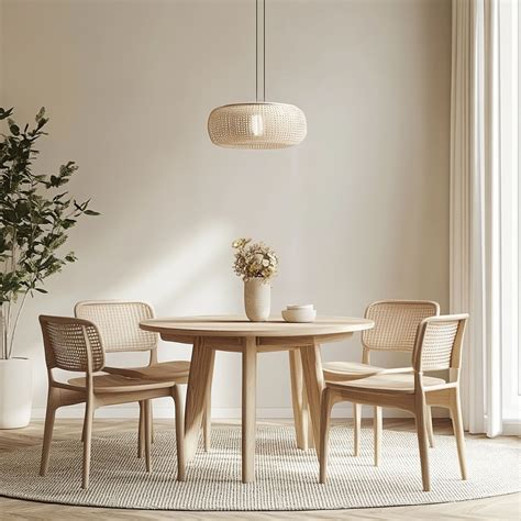 Dining Room Design With Scandinavian Round Table And Rattan Chairs For