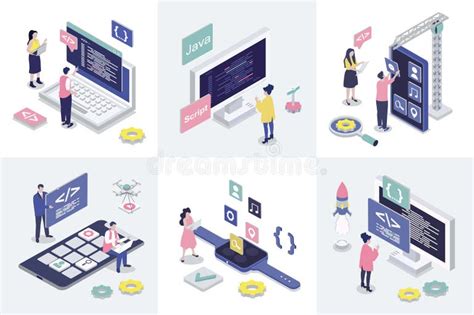 App Development 3d Isometry Concept For Web Design Collection Set With Isometric People