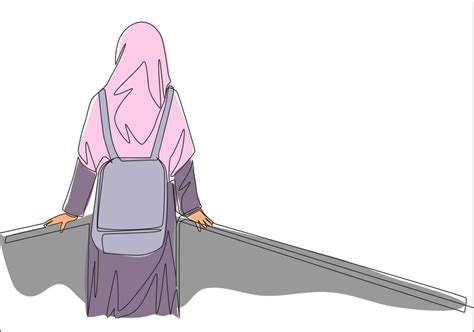 부르카를 입고 가방을 들고 있는 젊은 미녀 중동 무슬림의 단일 선 그림 뒷면 전통 아랍 여성 니카브 천 개념 연속적인 선