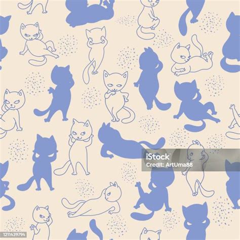재미있는 고양이와 원활한 패턴 귀여운 손으로 그린 요소 벡터 그림입니다 디자인 섬유 등 고양이 새끼에 대한 스톡 벡터 아트 및 기타 이미지 Istock