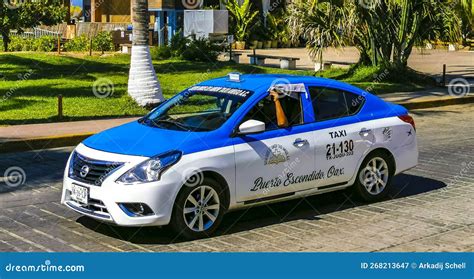 Colorful Turquoise Blue Taxi Cab Car In Puerto Escondido Mexico