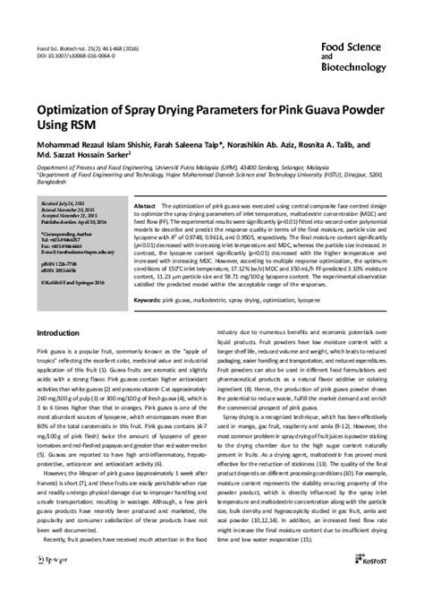 pdf optimization of spray drying parameters for pink guava powder