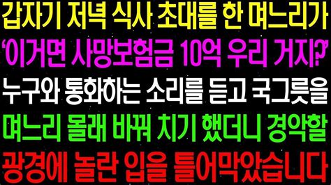 실화사연 갑자기 저녁 식사 초대를 한 며느리가 이거면 사망 보험금 10억 우리 거지 누군가 와 통화하는 소리를 듣게 되는데 라디오사연 썰사연사이다사연