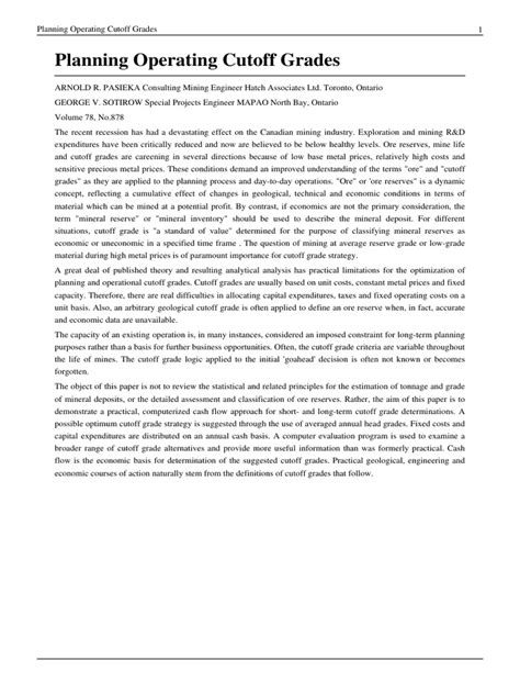 Planning Operating Cutoff Grades Pdf Mining Net Present Value