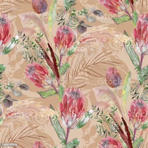 여름 섬유를위한 프로 티 꽃과 열대 야자 잎의 헤르바륨이있는 수채화 이음새가 없는 패턴 고풍스런에 대한 스톡 벡터 아트 및 기타 이미지 고풍스런 꽃 나무 꽃 식물