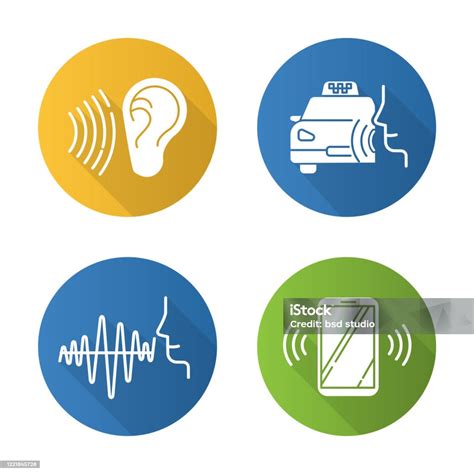 플랫 디자인 긴 그림자 문표 아이콘 을 인식 하는 음성 설정 음성 제어 아이디어 음파 음성 명령 택시 순서 대화형 응답 시스템 말하고 경청하십시오 벡터 실루엣 일러스트레이션