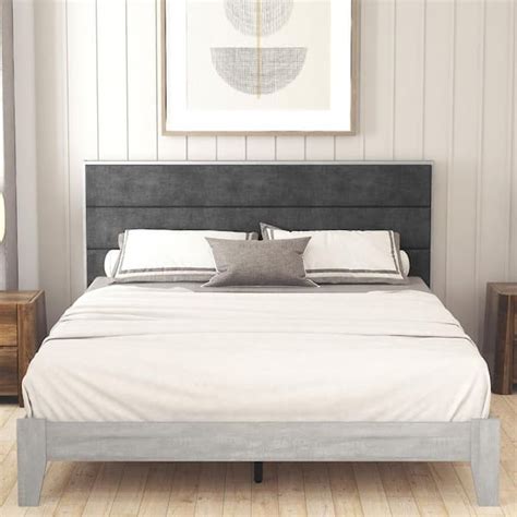 Galano Hamsper Dusty Gray Oak Upholstered Queen Platform Bed With