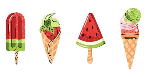 수박 아이스크림 그림은 흰색 배경에 막대기 또는 와플 콘 플랫 디자인에 설정됩니다 스티커 로고 여름 그래픽 식품 포장 및 디지털 아트 프로젝트를 위한 미니멀리스트 컬렉션