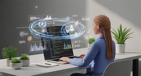 Woman Coding On Laptop With Futuristic Holographic Interface In A Modern Tech Workspace Stock