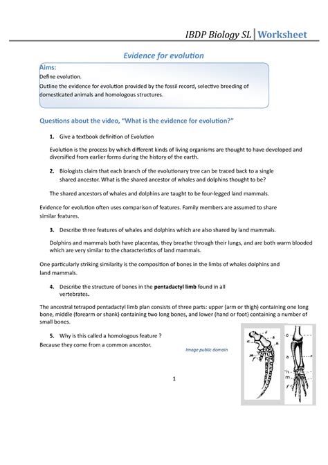 1 Biology IBDP Biology SL Worksheet Evidence For Evolution