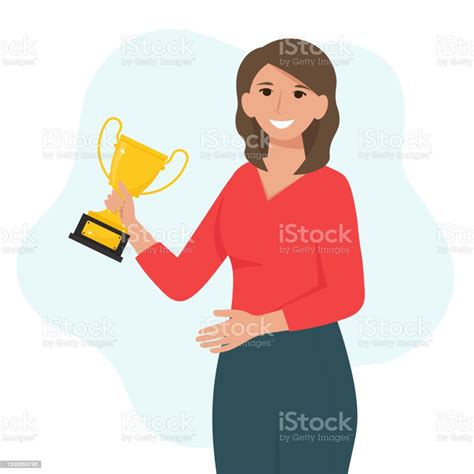 챔피언 컵을 들고 행복한 여자 플랫 스타일의 벡터 일러스트레이션 쥠에 대한 스톡 벡터 아트 및 기타 이미지 쥠 트로피 Championship Istock