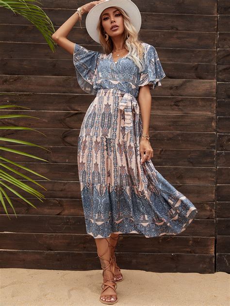 Paisley Print Surplice Front Belted Dress