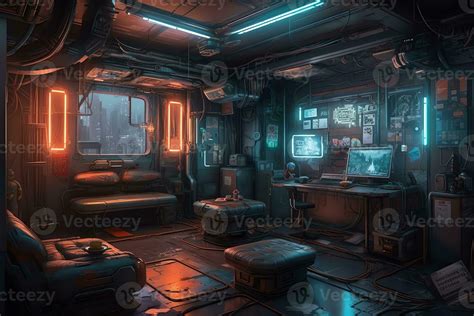 Futuristic Guy Room In Cyberpunk Dystopia Concept Art Illustration