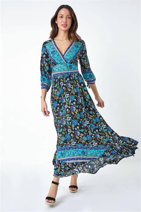 Floral Border Print Maxi Dress In Black Roman Originals Uk
