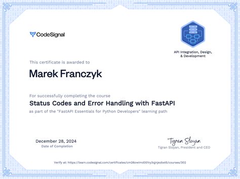Course Certificate For Status Codes And Error Handling With Fastapi Codesignal Learn