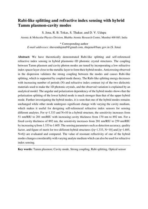 Pdf Rabi Like Splitting And Refractive Index Sensing With Hybrid Tamm Plasmon Cavity Modes