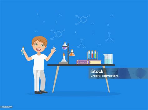 화학 실험을하고 젊은 과학자 테스트 튜브 벡터 일러스트를 들고 귀여운 소년 교육에 대한 스톡 벡터 아트 및 기타 이미지 교육