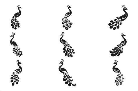 Elegant Mehndi Peacock Silhouette Tattoo Art Flat Set Icon Design