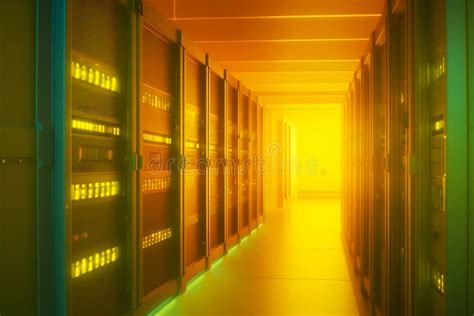 Shot Of Data Center With Multiple Rows Of Fully Operational Server Racks Modern