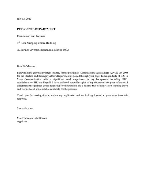 Intent Letter Comelec July 12 2022 Personnel Department Commision