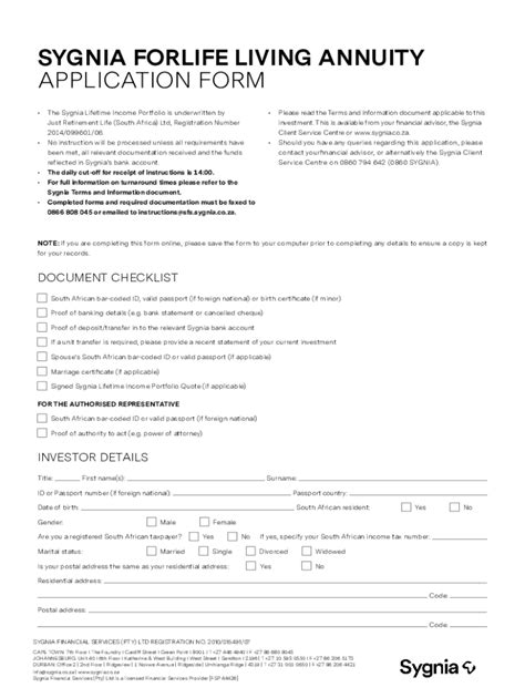 Fillable Online Sygnia Forlife Living Annuity Application Form Fax