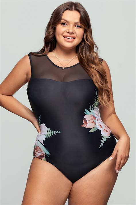 Black Floral Lace Up Elegant One Piece Swimsuit