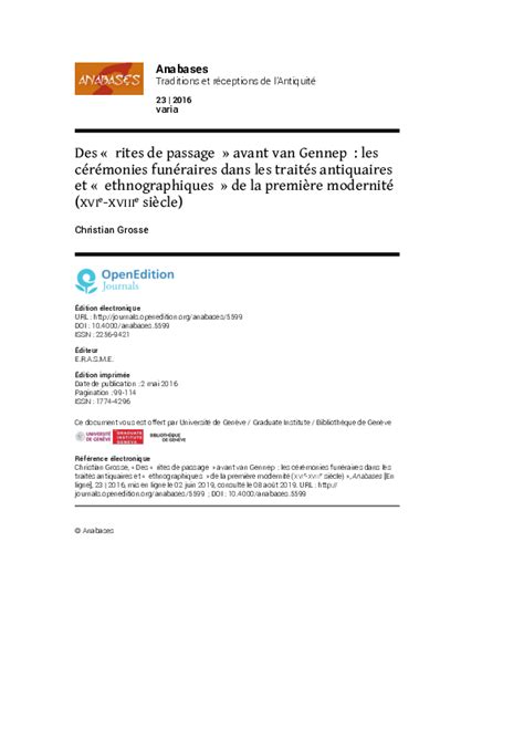 Pdf Des ‘rites De Passage Avant Van Gennep Les Cérémonies