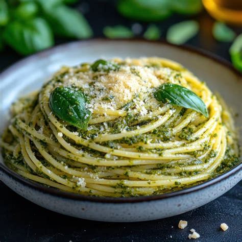 Spaghetti Al Pesto With Fresh Basil And Parmesan On White Plate